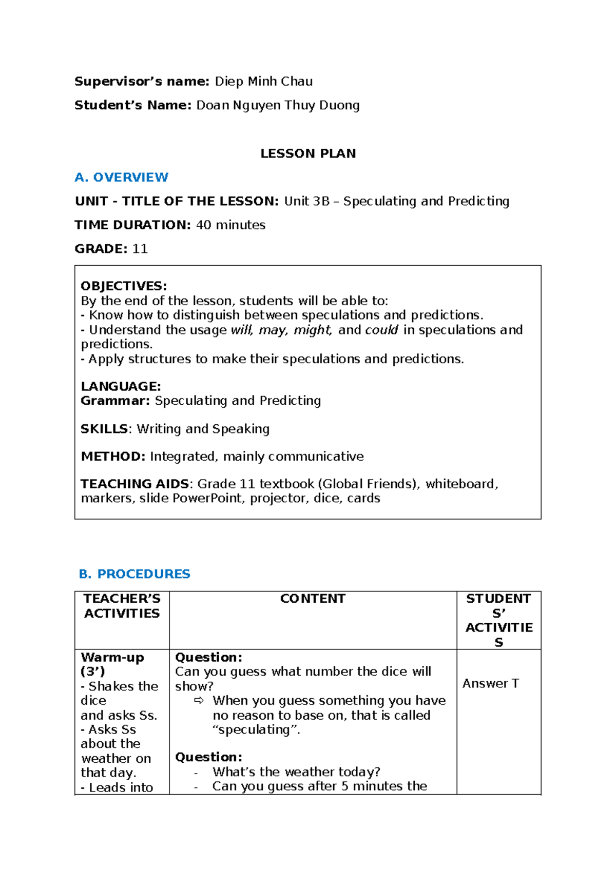 E11 Lesson Plan 3B: Speculating & Predicting in Grammar - Studocu