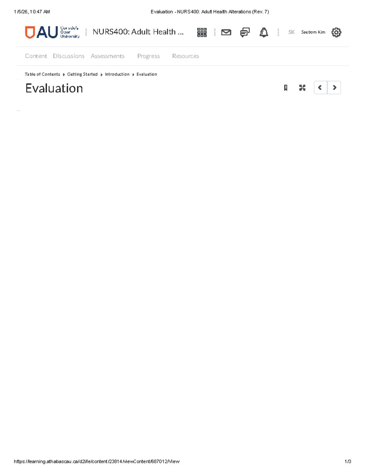 Evaluation Guidelines for NURS400: Adult Health Alterations (Rev. 7 ...