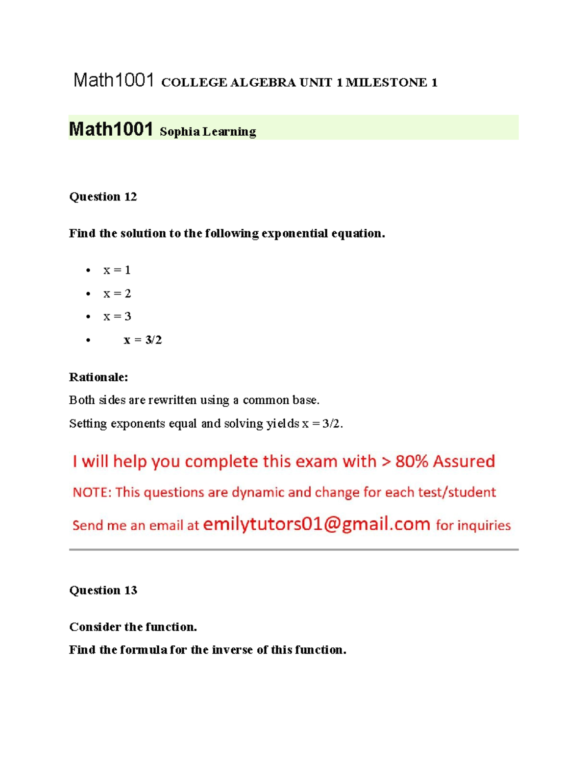 Math1001 College Algebra Unit 1 Milestone 1 Solutions and Rationale ...