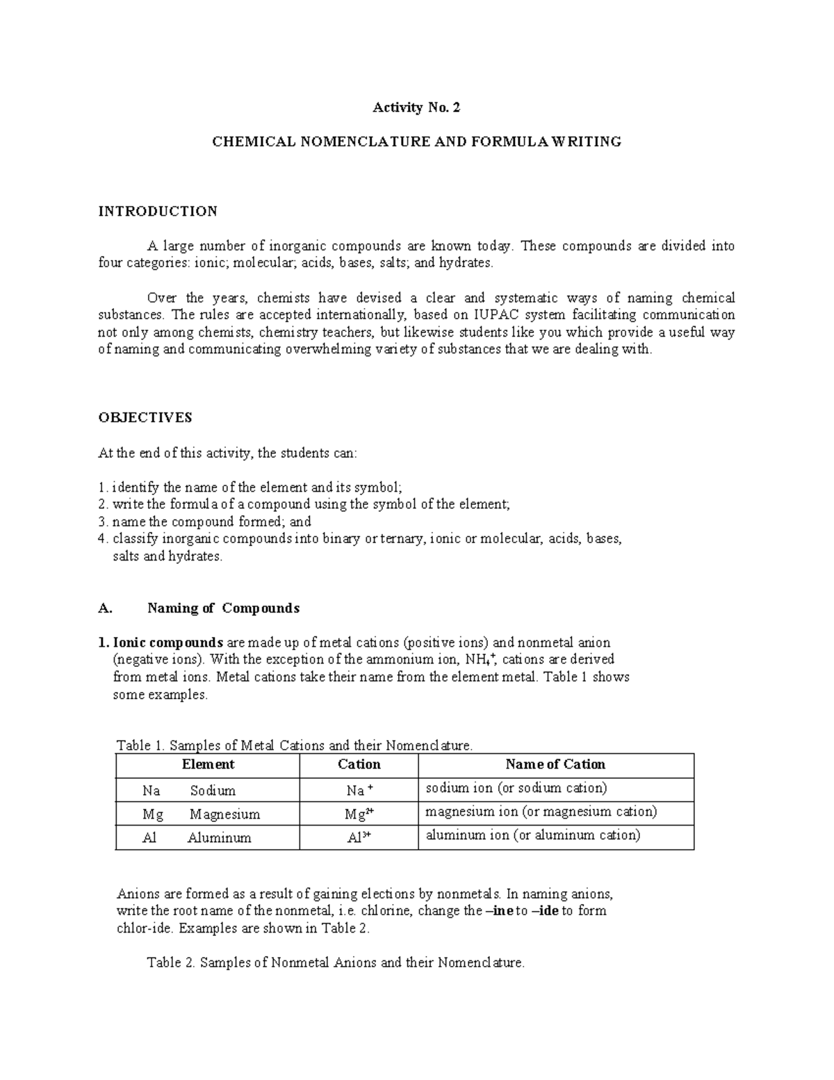 CHEM-LAB-2: Inorganic Compounds Nomenclature & Formula Writing - Studocu