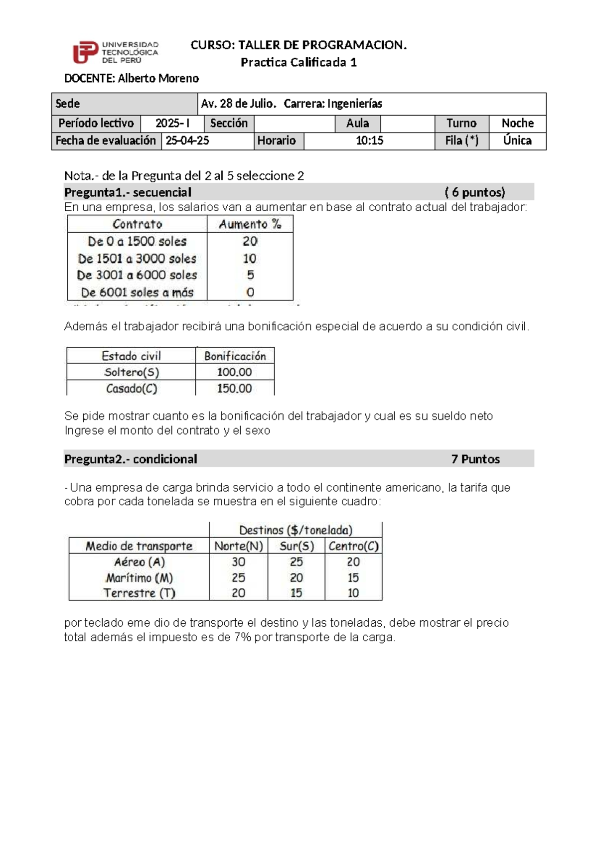 TALLER DE PROGRAMACION - Practica Calificada 1 - UTP - Studocu