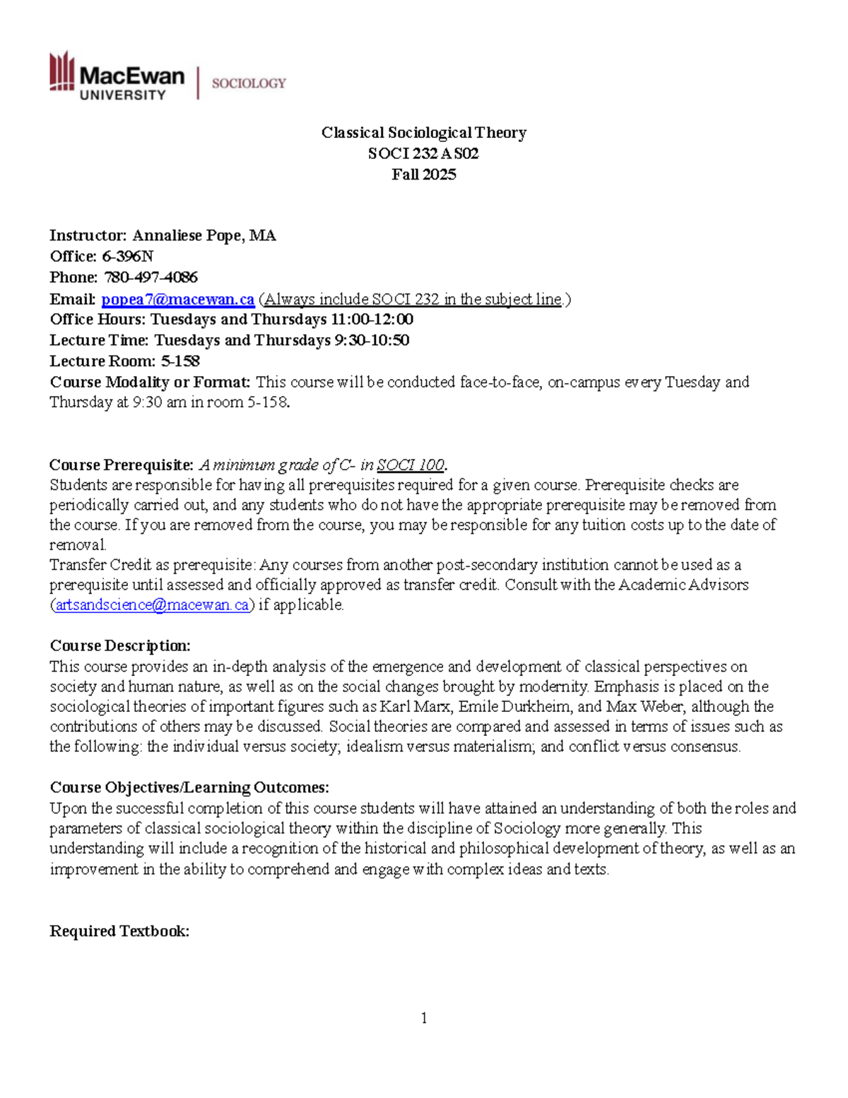 Classical Sociological Theory Overview and Course Details - SOCI 232 ...