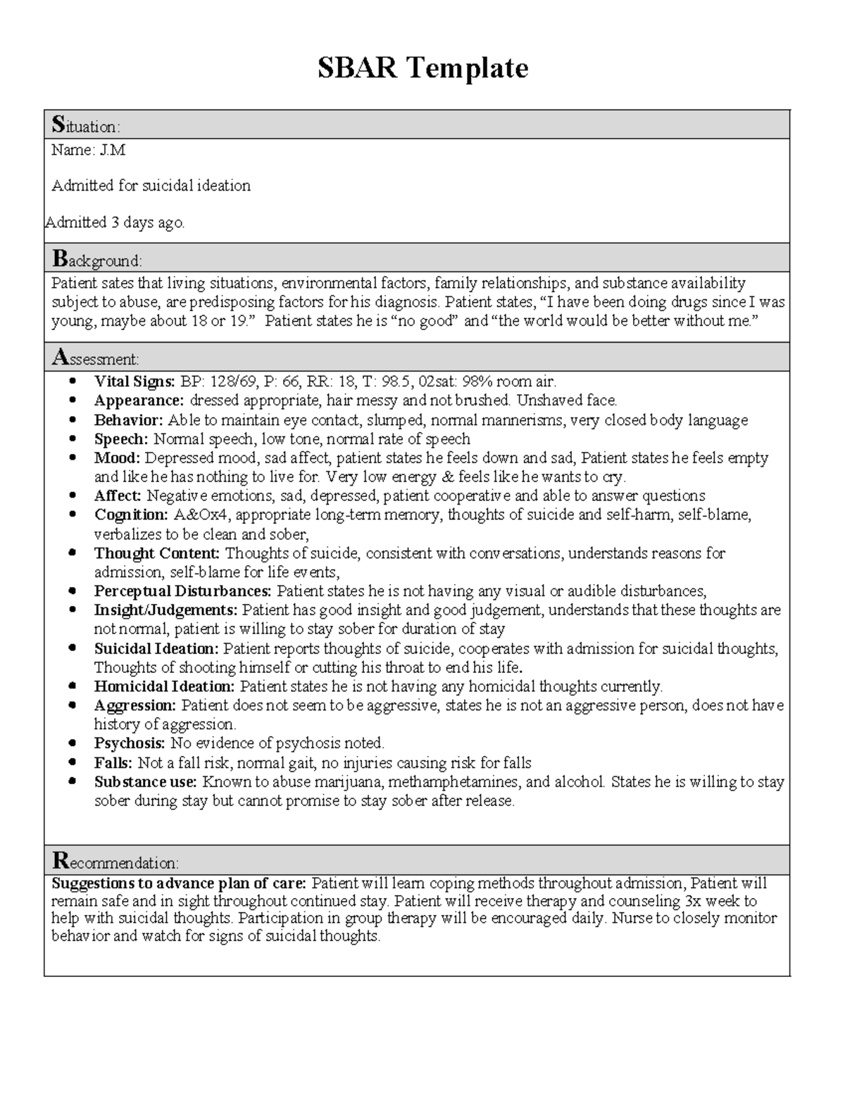 SBAR Template - Suicidal Ideation Assessment and Care Plan - Studocu
