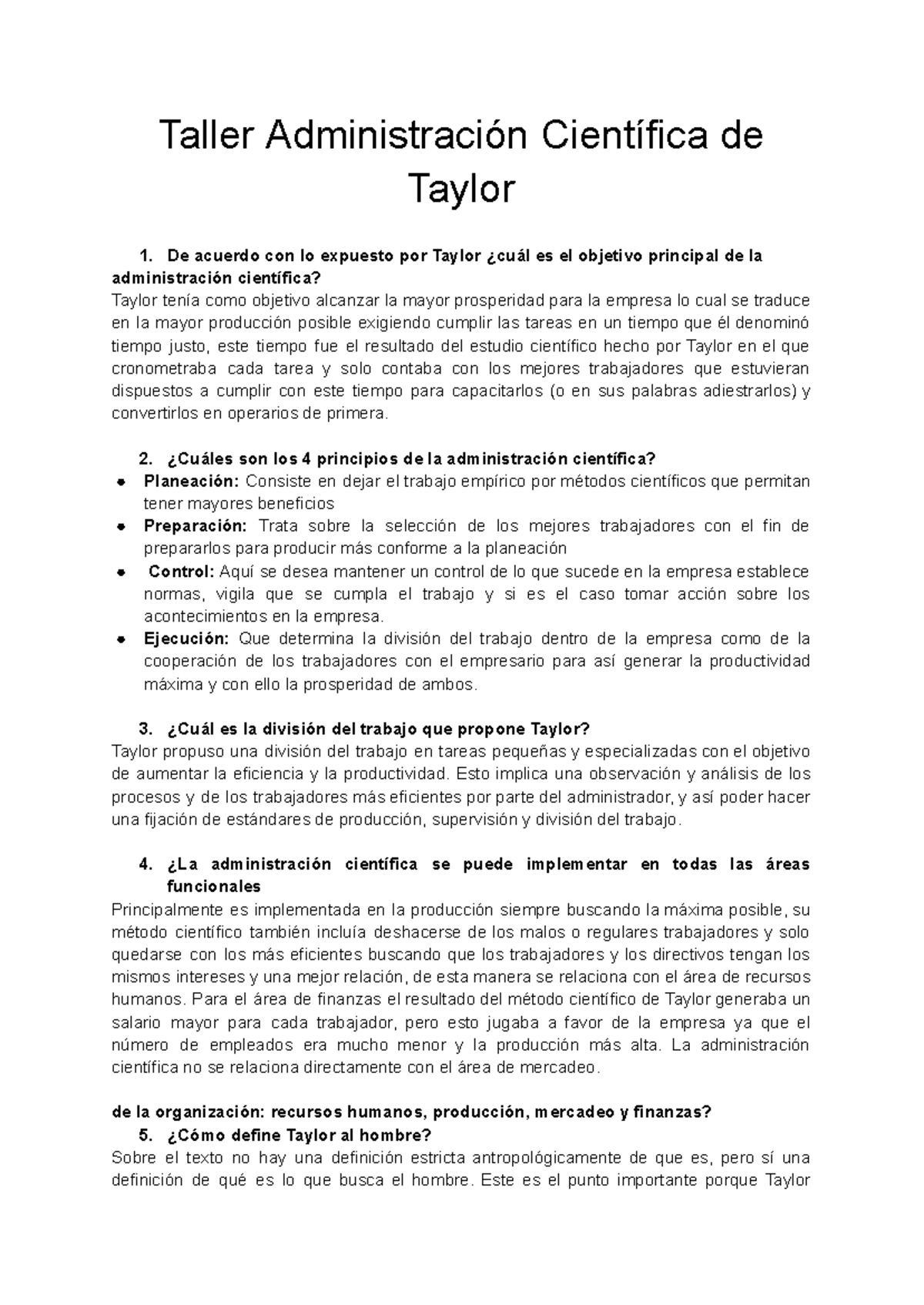 Taller sobre Administración Científica de Taylor y sus Principios - Studocu