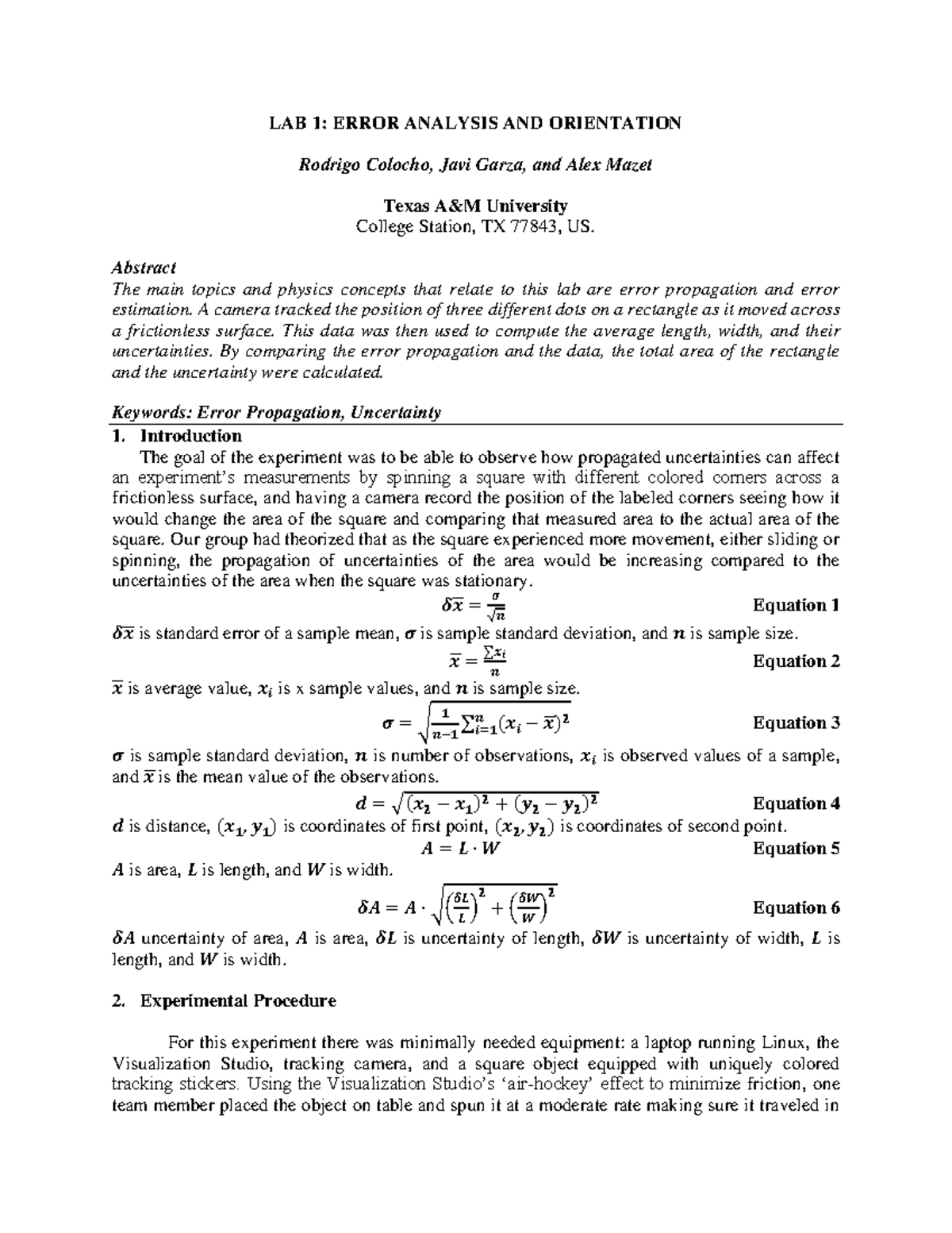 Lab 1 Phys 216: Error Analysis and Propagation in Motion Experiment - Studocu