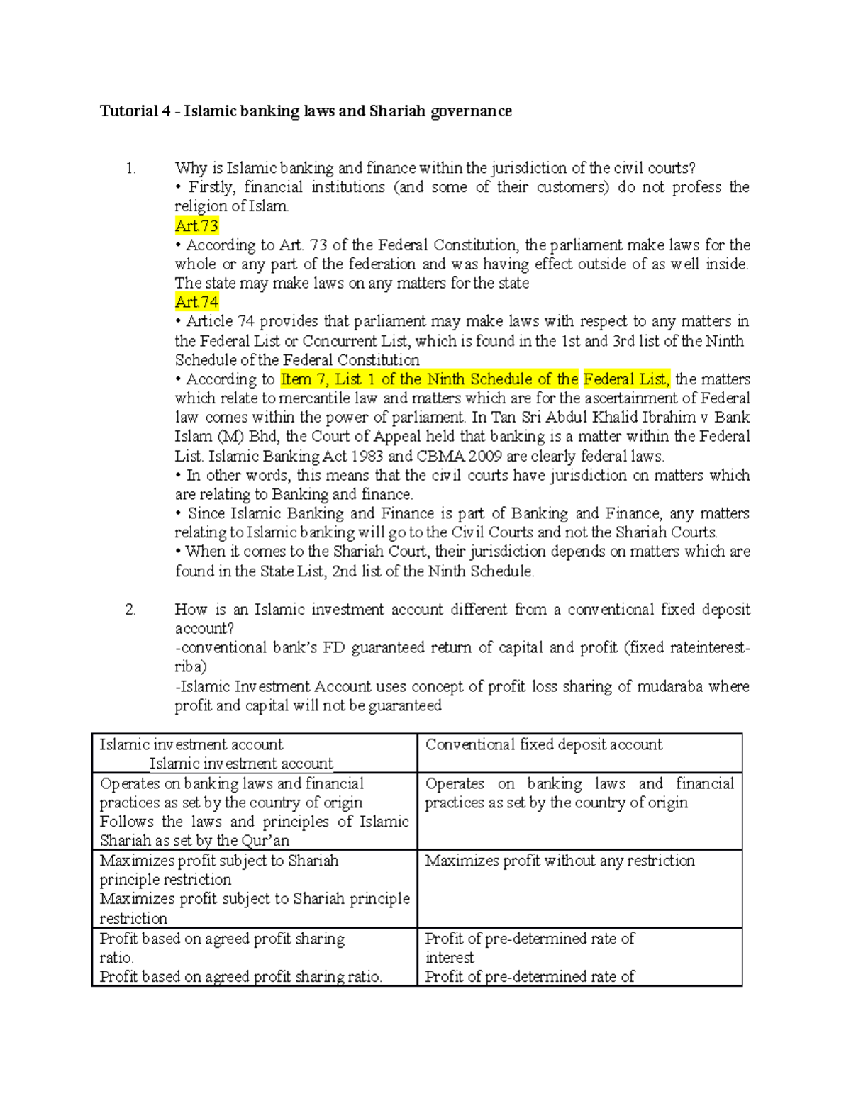 IBF Tutorial 4 - Tutorial 4 - Islamic banking laws and Shariah governance 1. Why is Islamic ...