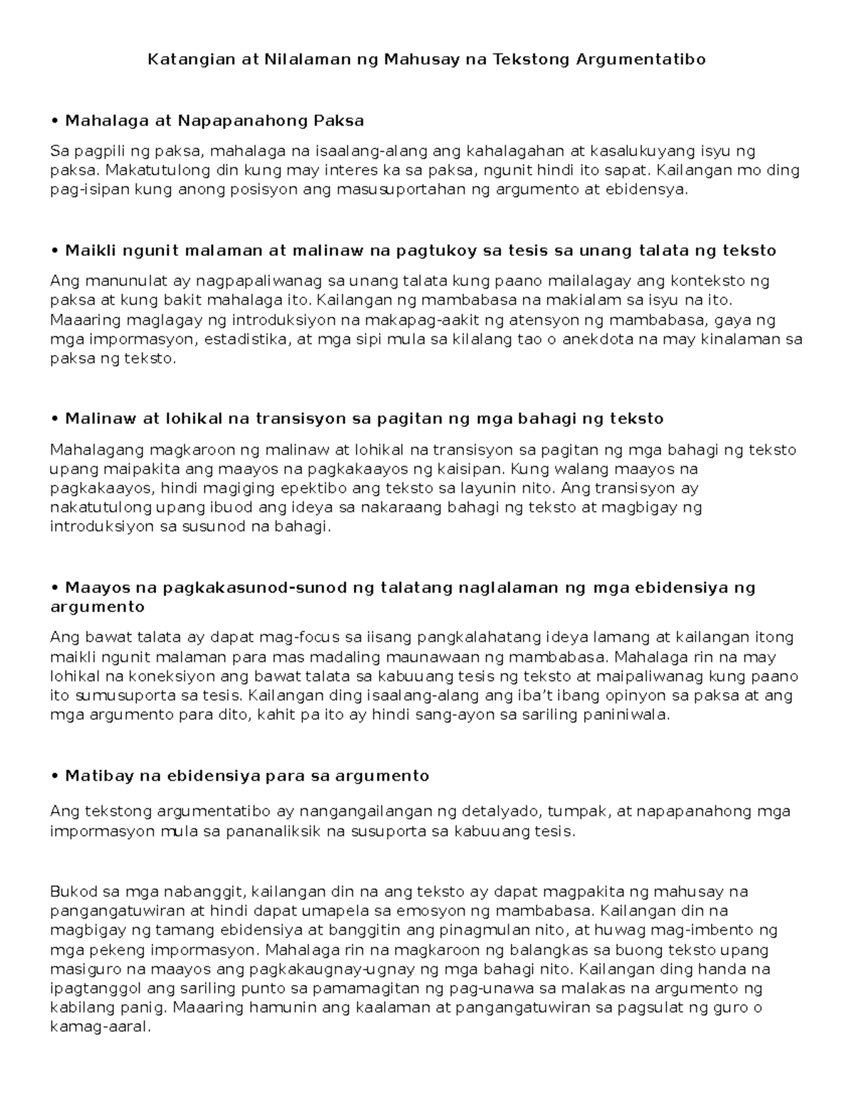 G2 Katangian at Nilalaman ng Mahusay na Tekstong Argumentatibo - Studocu