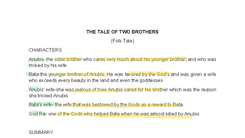The Tale of Two Brothers: Anubis and Bata's Myth (Egyptian LIT) - Studocu