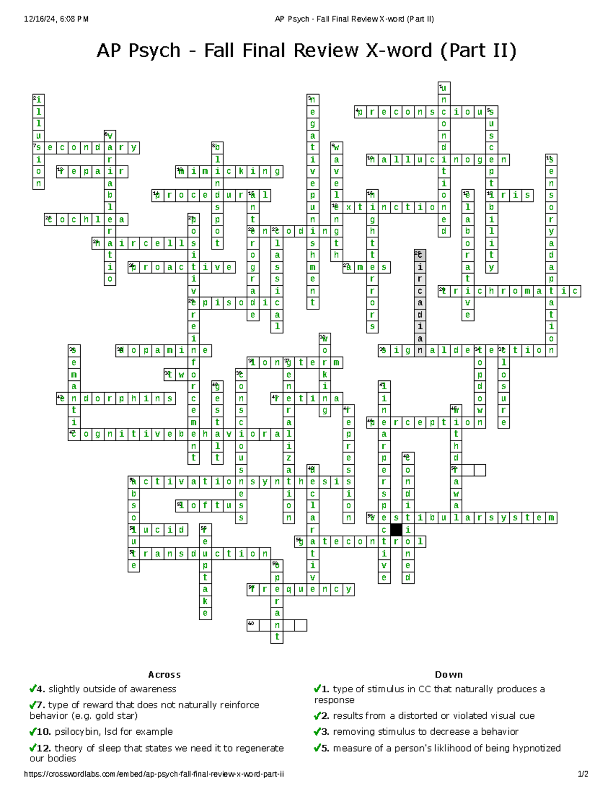 AP Psych - Fall Final Exam Review Crossword (Part II) - Studocu