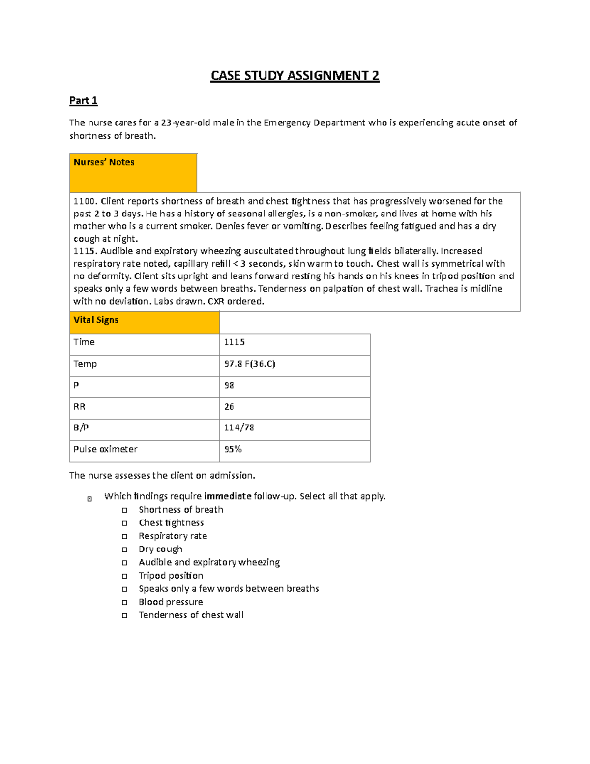 NUR 1100 Case Study Assignment 2: Emergency & Post-Op Client Assessments - Studocu