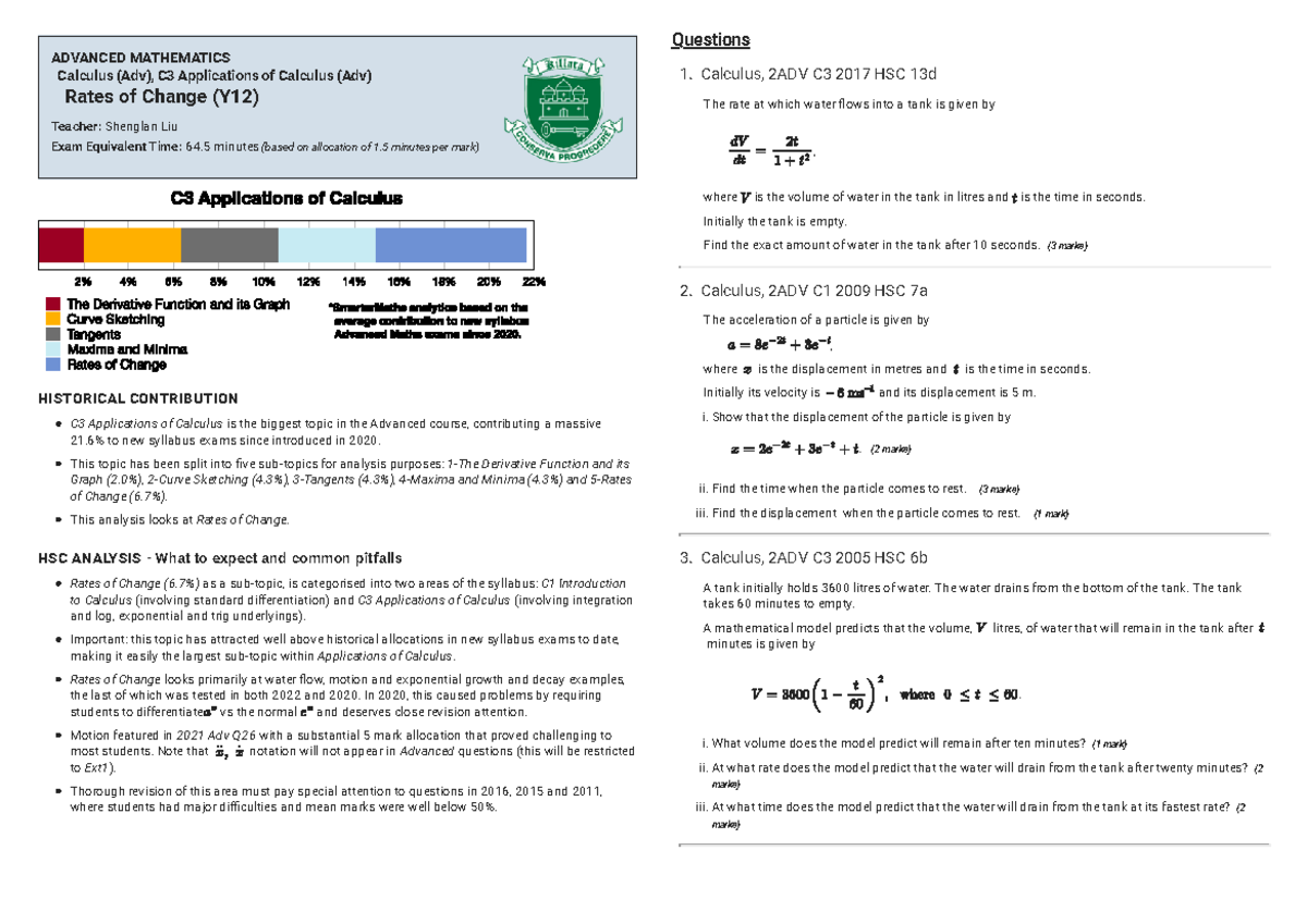 Rates of Change in Calculus (Adv), C3 Applications Analysis - Studocu