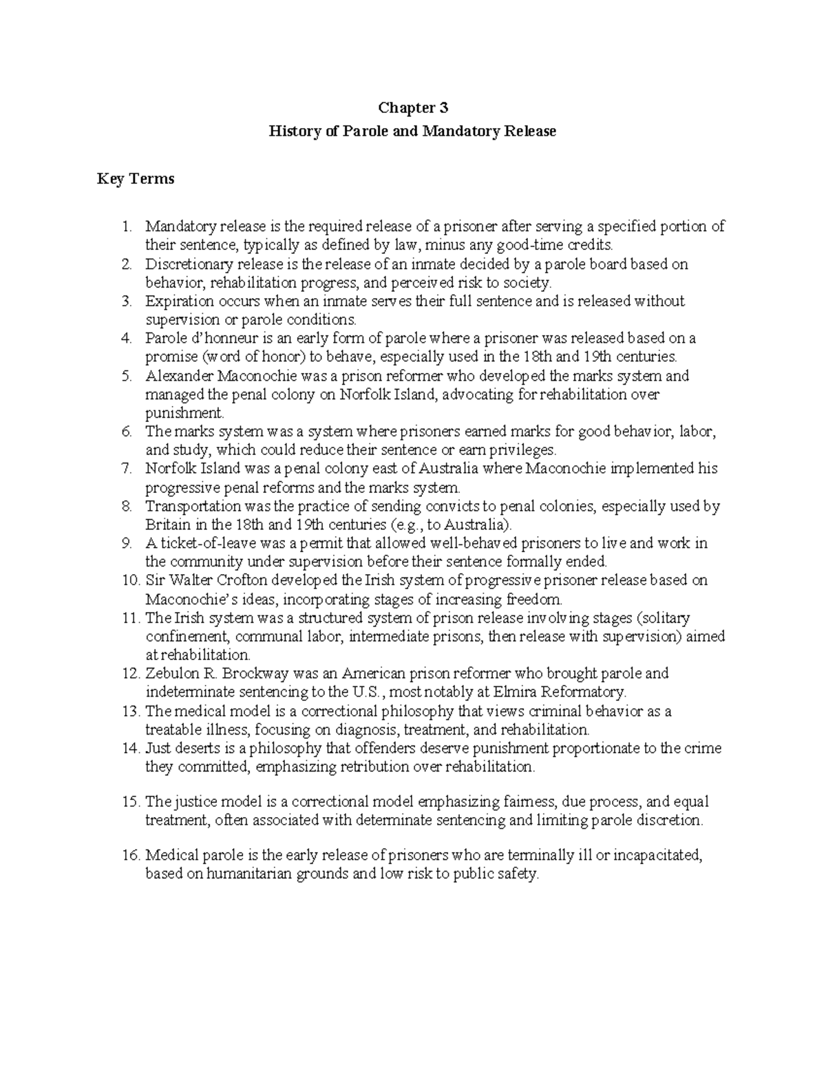 Chapter 3 & 4: Key Terms in Parole, Pretrial Supervision, and ...