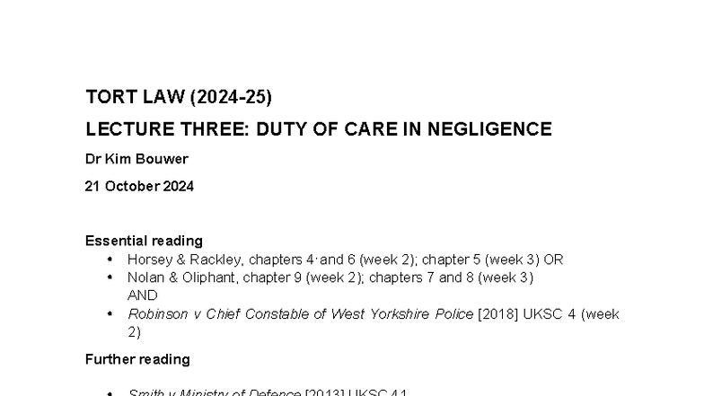 TORT LAW LECTURE 3: DUTY OF CARE IN NEGLIGENCE - HANDOUT 2024 - Studocu