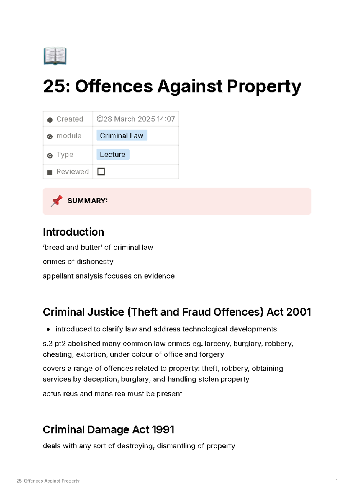 25: Offences Against Property - Criminal Law Lecture Notes - Studocu