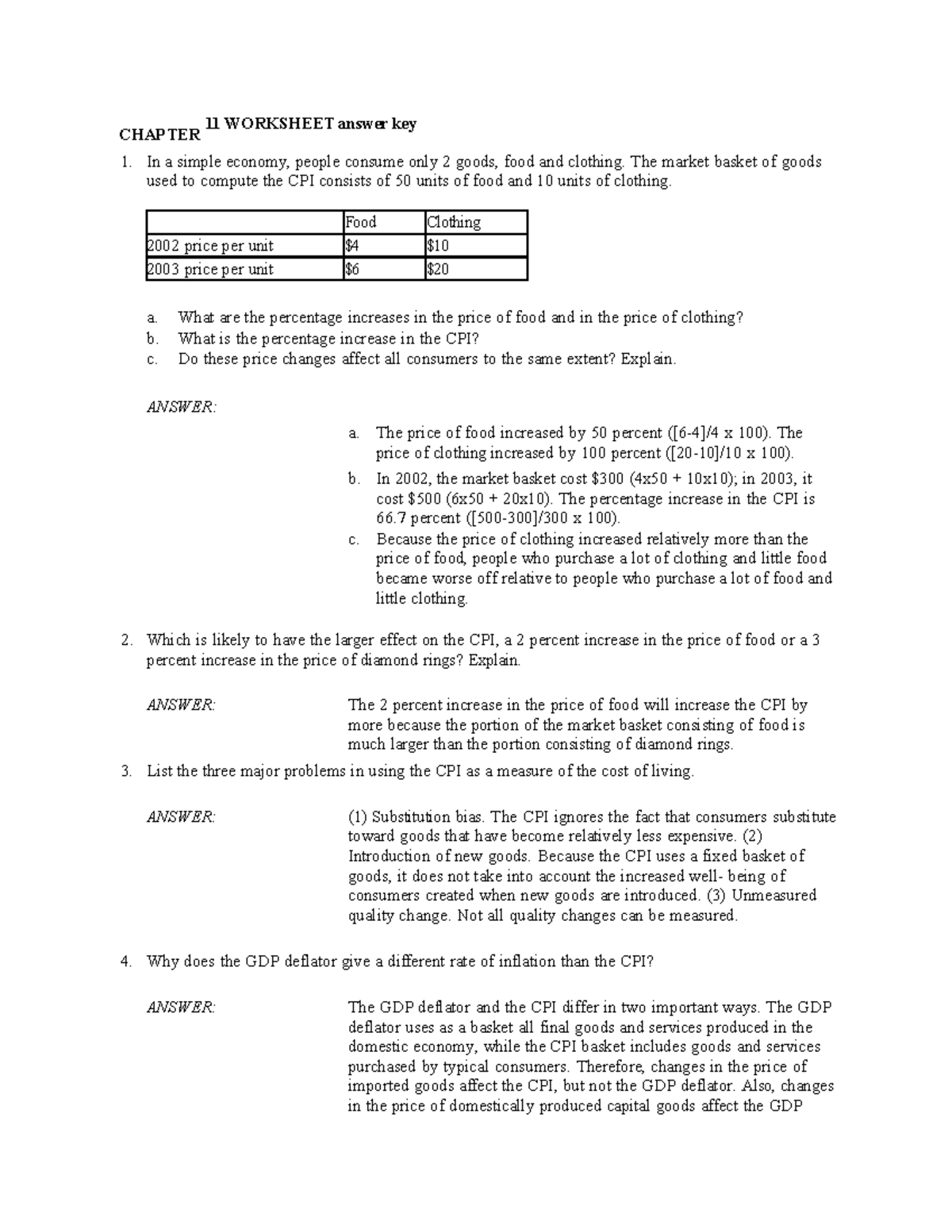 COST OF LIVING & CPI ANALYSIS - CH11 WORKSHEET ANSWER KEY - Studocu