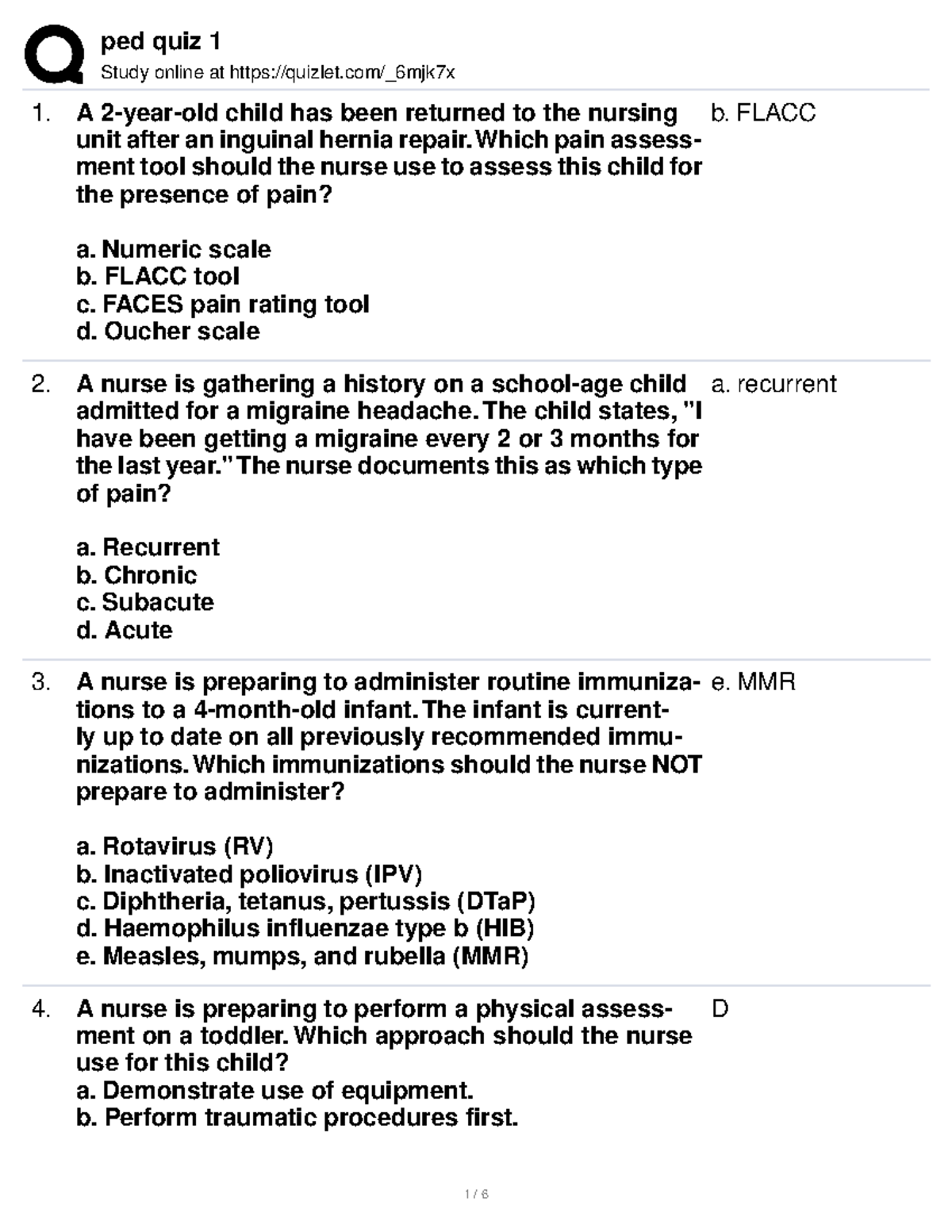 PEDS 1234: Pediatric Quiz 1 Study Guide & Answers - Studocu