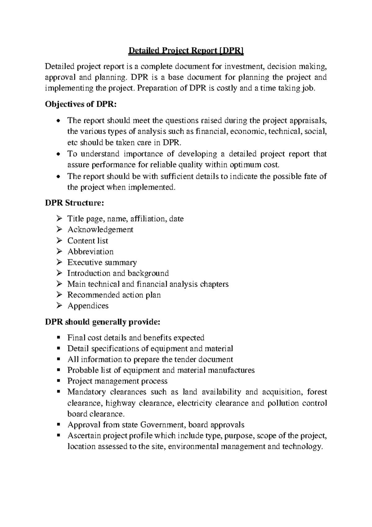Comprehensive DPR for Investment & Project Planning - Studocu