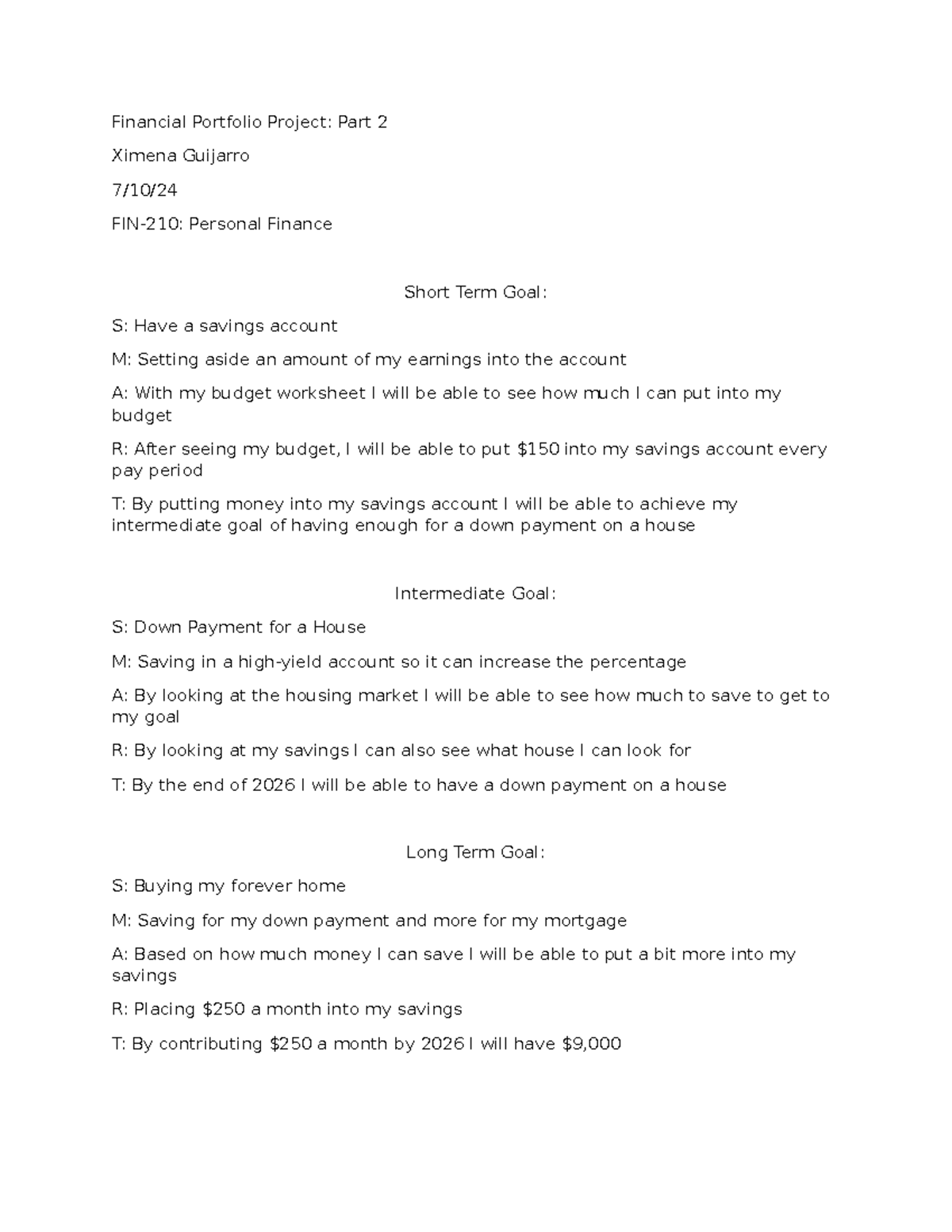 FIN-210: Personal Finance - Financial Portfolio Project Part 2 - Studocu