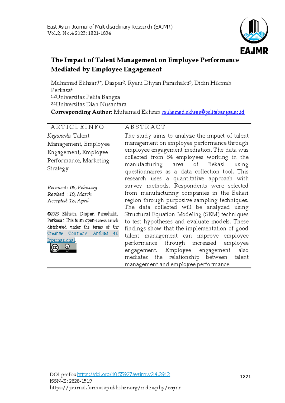 The Impact of Talent Management on Employee Performance: EAJMR Vol.2 ...