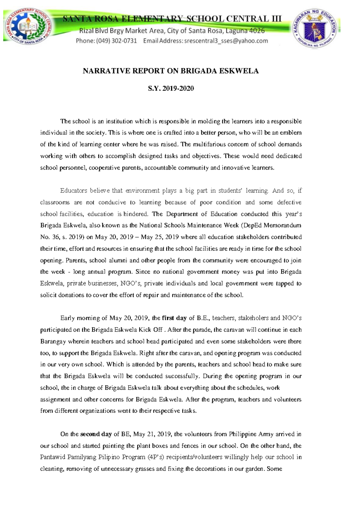 Brigada Eskwela Narrative Report S.Y. 2019-2020: Activities ...