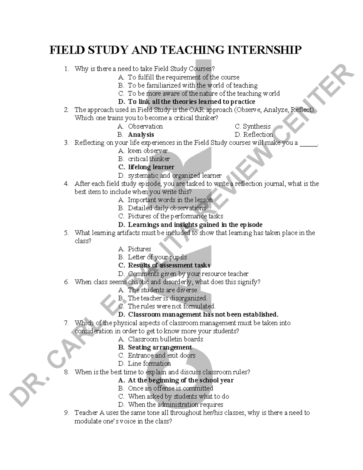 Field Study & Teaching Internship: Reflection and Insights Guide - Studocu