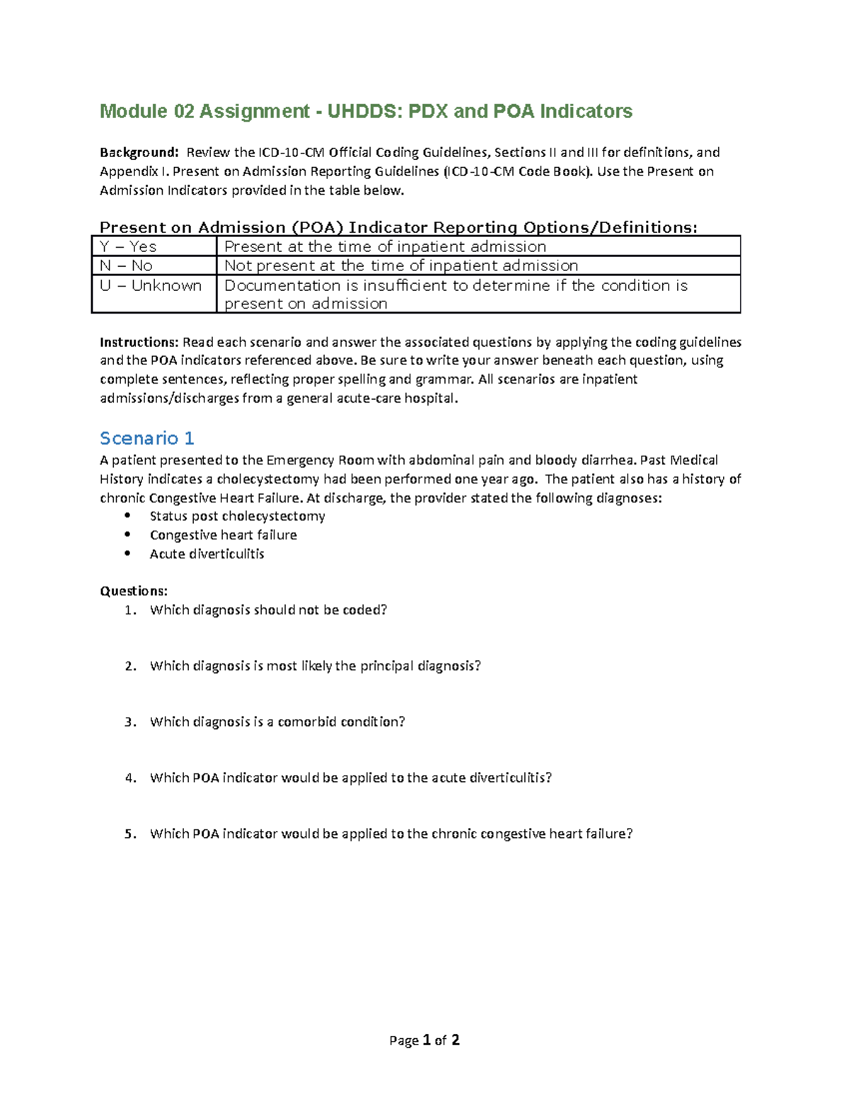 Module 02 Assignment: UHDDS POA Indicators and Scenarios Analysis - Studocu