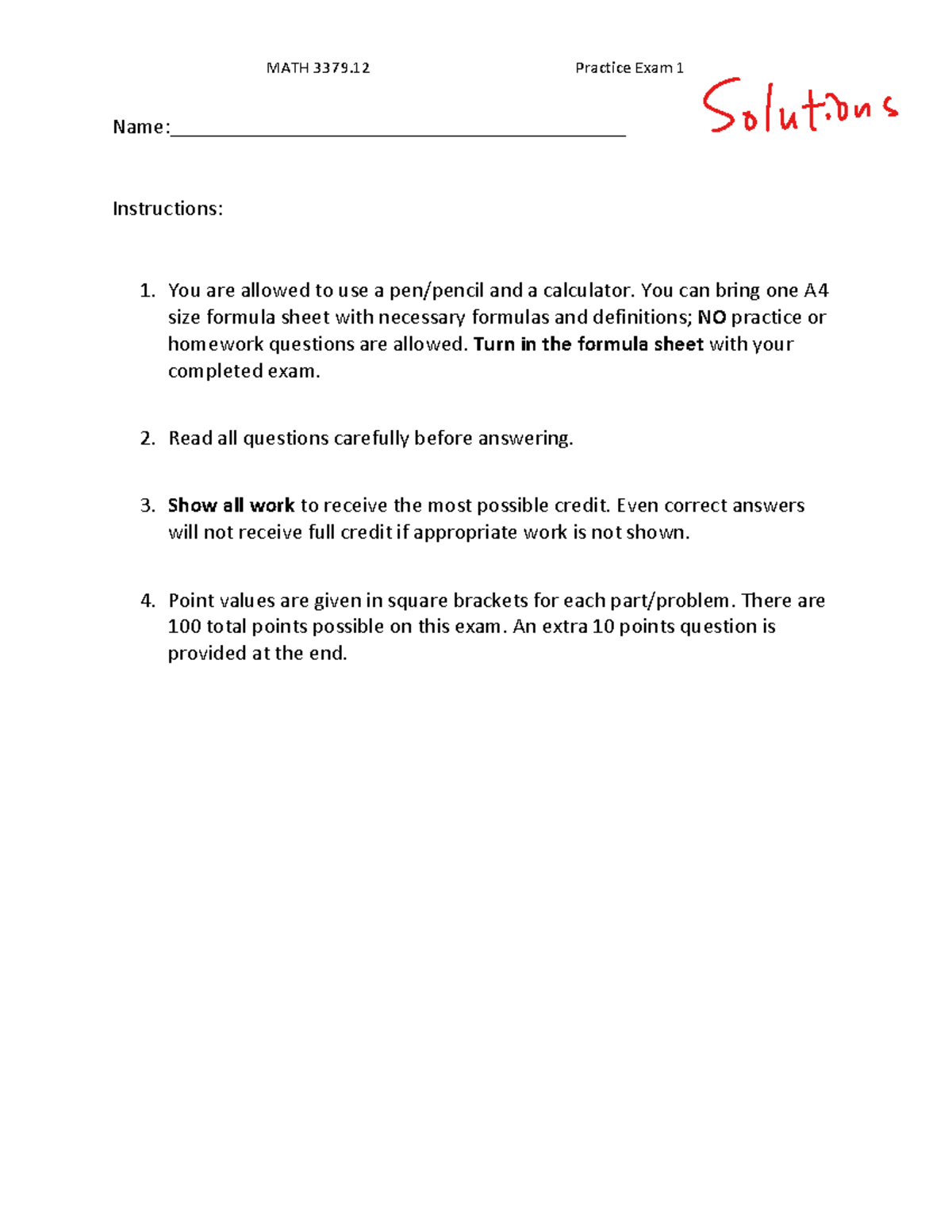 MATH 3379.12 Practice Exam 1: Stats & Data Analysis Techniques - Studocu