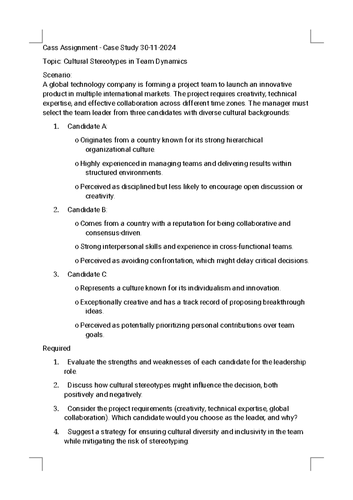 Stereotype-case study assignment - Cass Assignment - Case Study 30-11- Topic: Cultural ...