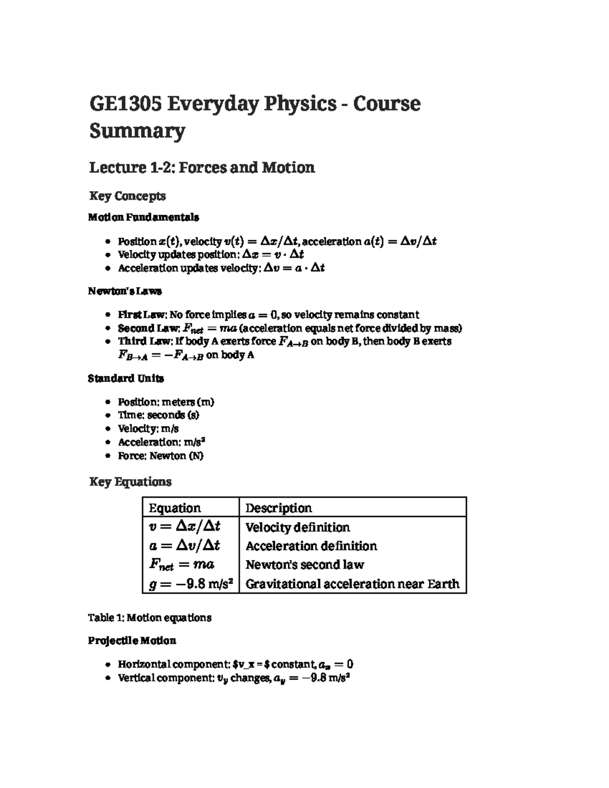 GE1305 Everyday Physics Course Summary: Key Concepts in Forces, Motion ...