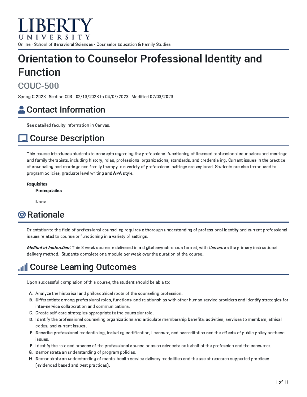 COUC 500 Spring 2023 Syllabus: Orientation to Counseling Profession ...