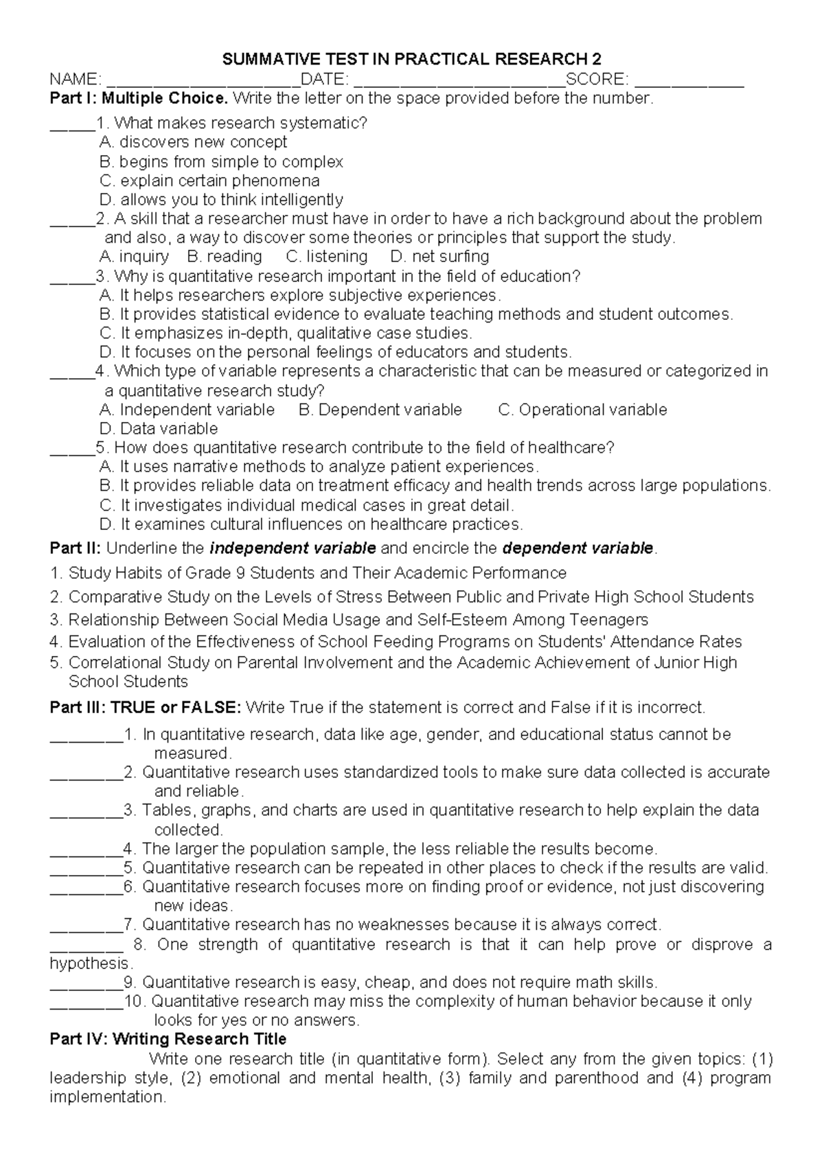 Practical Research 2 Summative Test 1: MCQs & Research Title Writing ...