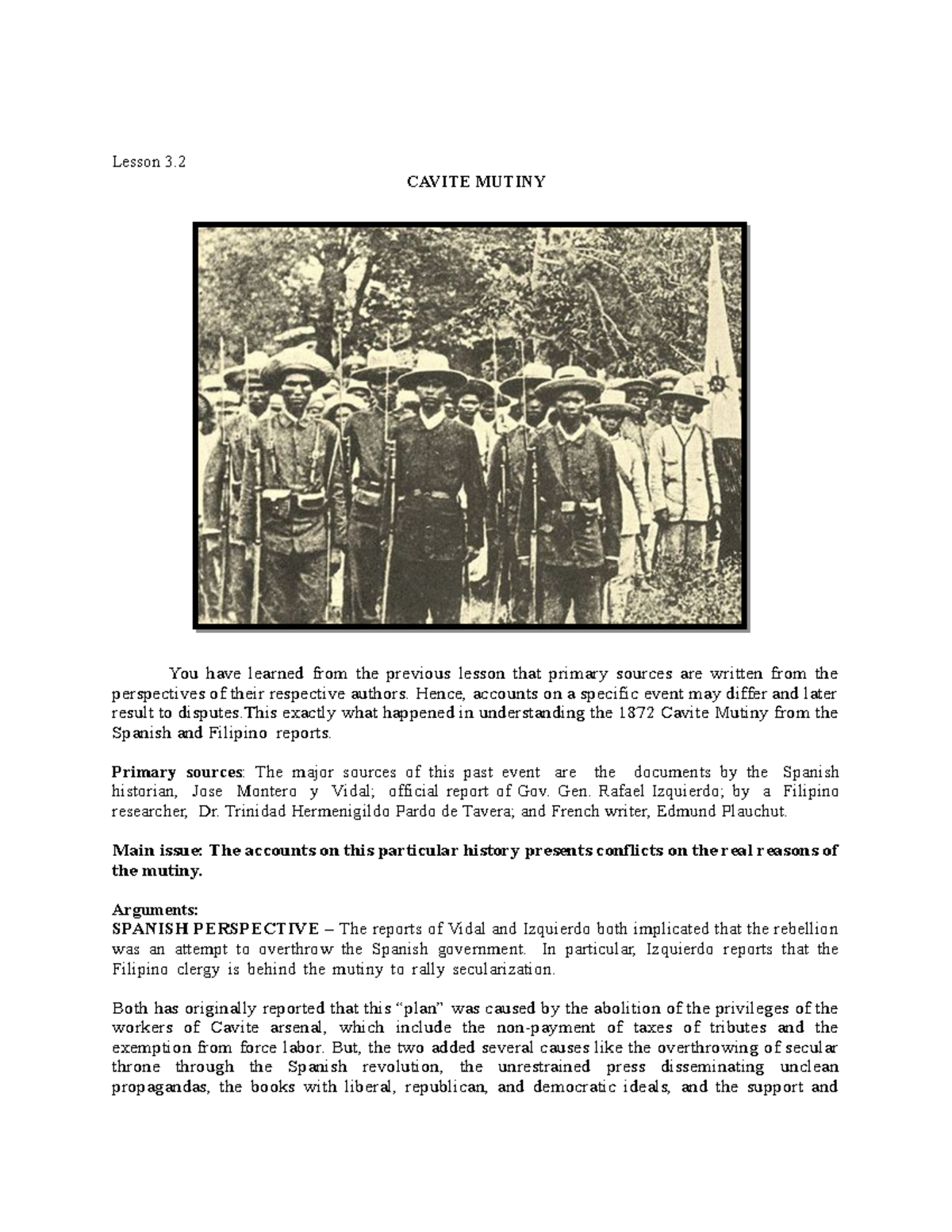 Lesson 3: Understanding the Cavite Mutiny of 1872 Perspectives - Studocu