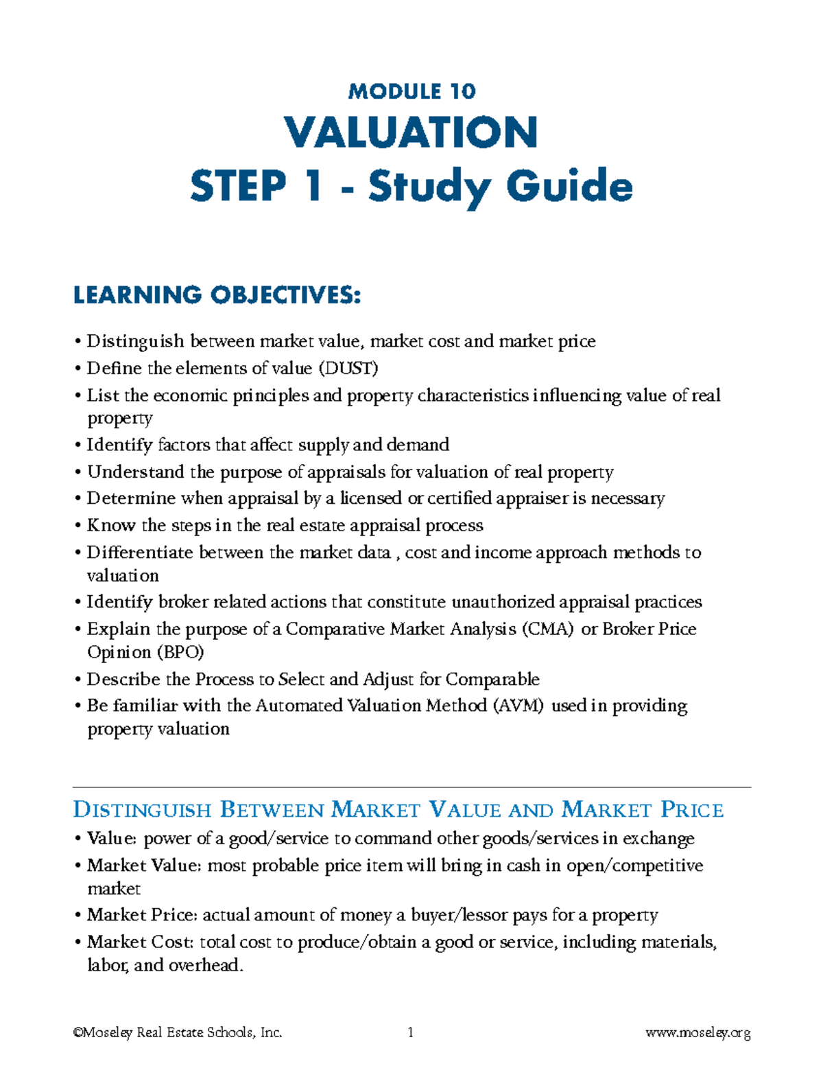 MODULE 10: Valuation - Step 1 Study Guide for Real Estate - MODULE 10 VALUATION STEP 1 - Study ...