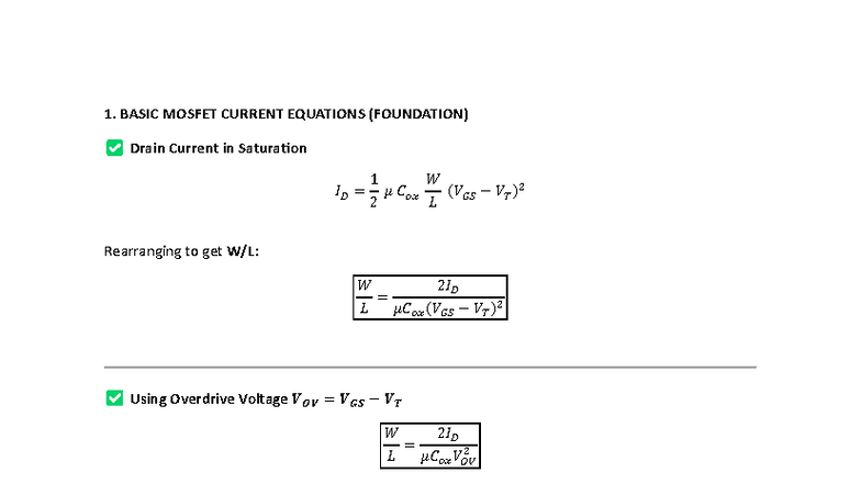 BASIC MOSFET CURRENT EQUATIONS (FOUNDATION) - Key Formulas and Concepts ...