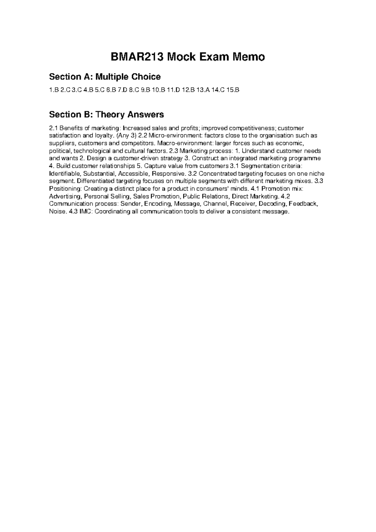 BMAR213 Mock Exam Memo: MCQs & Theory Answers - Studocu