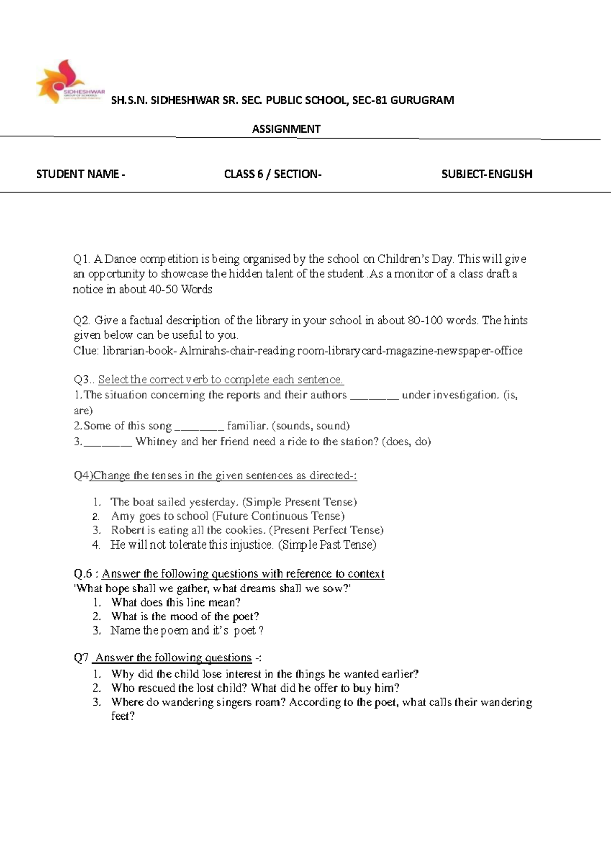 Assignment Class 6 UT-3: Dance Competition & Language Exercises - Studocu