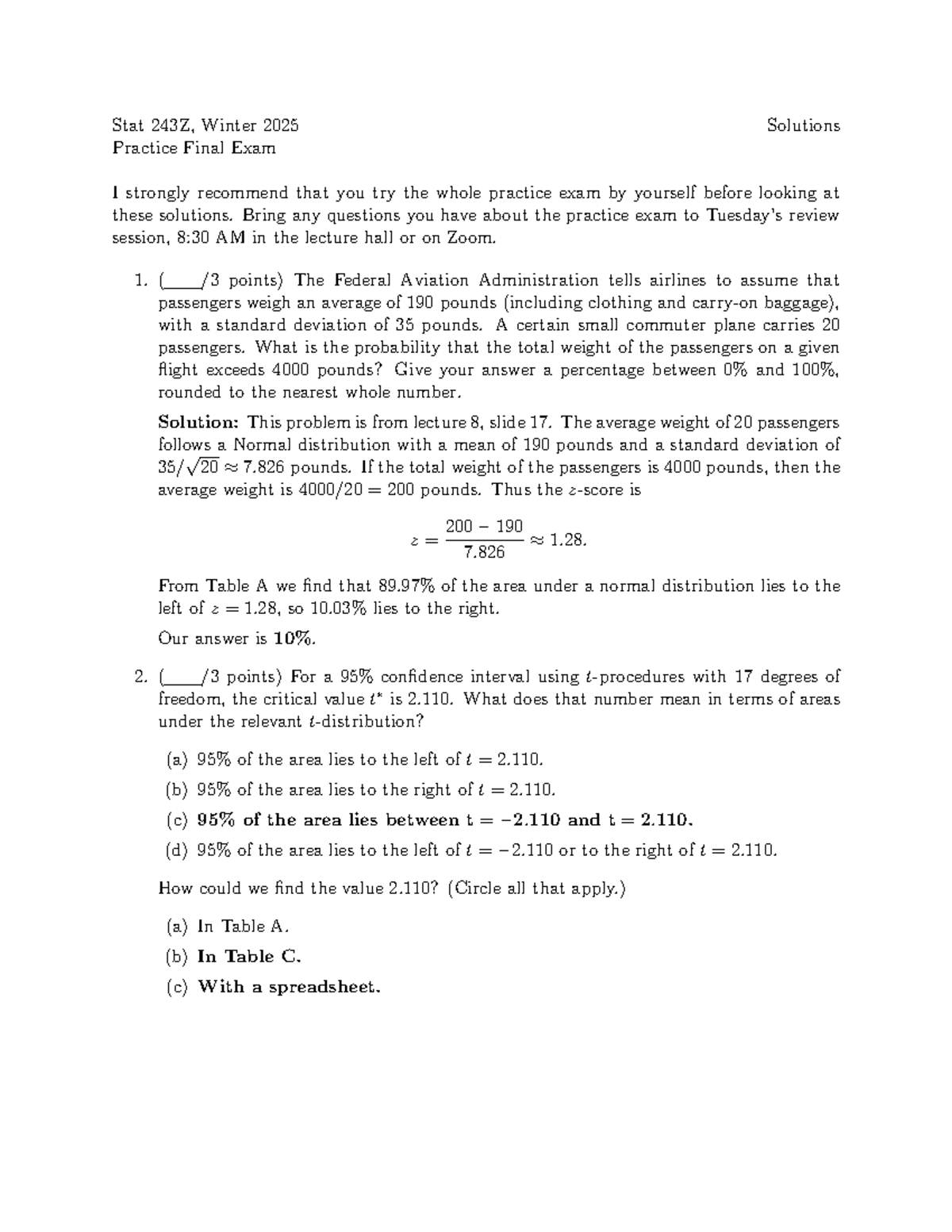 Stat 243z Winter 2025 Practice Final Exam Solutions And Explanations