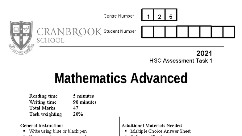 12 Adv 2022 - Task 1 Mathematics Advanced Exam Paper - Studocu