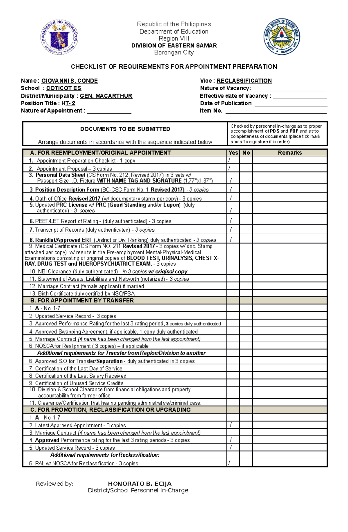 Appointment Processing Checklist for HT-2 Position at Coticot ES - Studocu