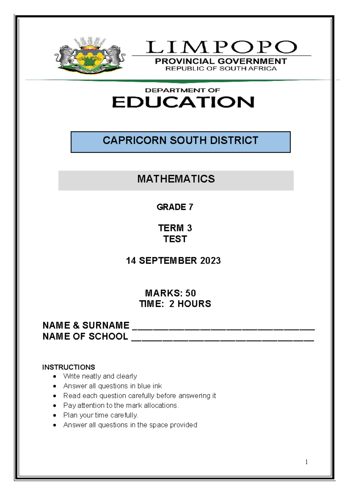 Maths Grade 7 Test Term 3 - 14 Sept 2023 (50 Marks) - Studocu