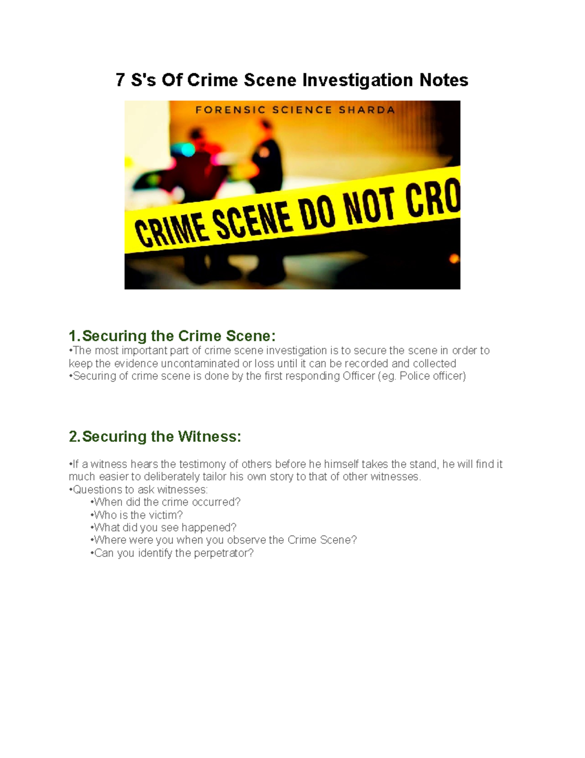 7 S's of Crime Scene Investigation: Key Notes for 7 S Class - Studocu