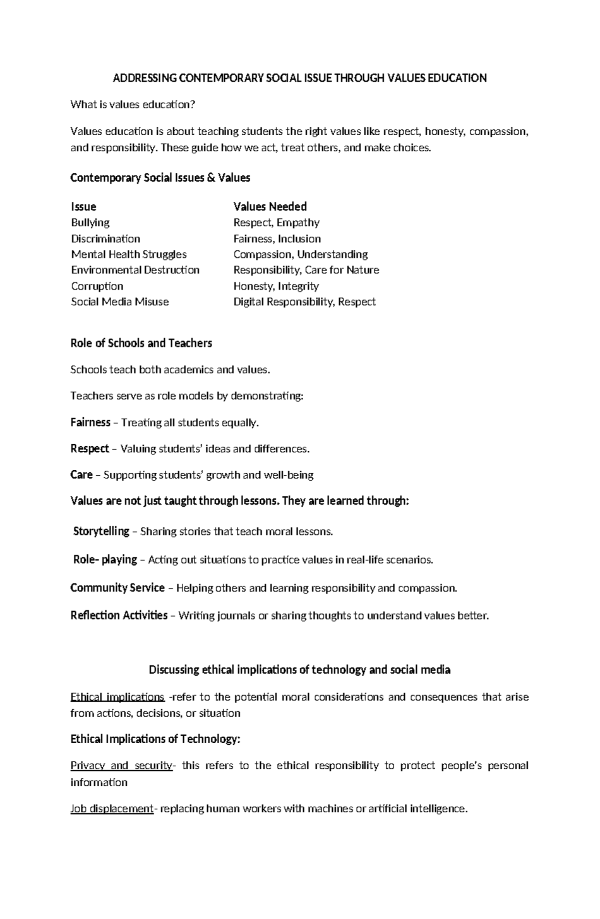 ADDRESSING SOCIAL ISSUES THROUGH VALUES EDUCATION (EDU 1970) - Studocu