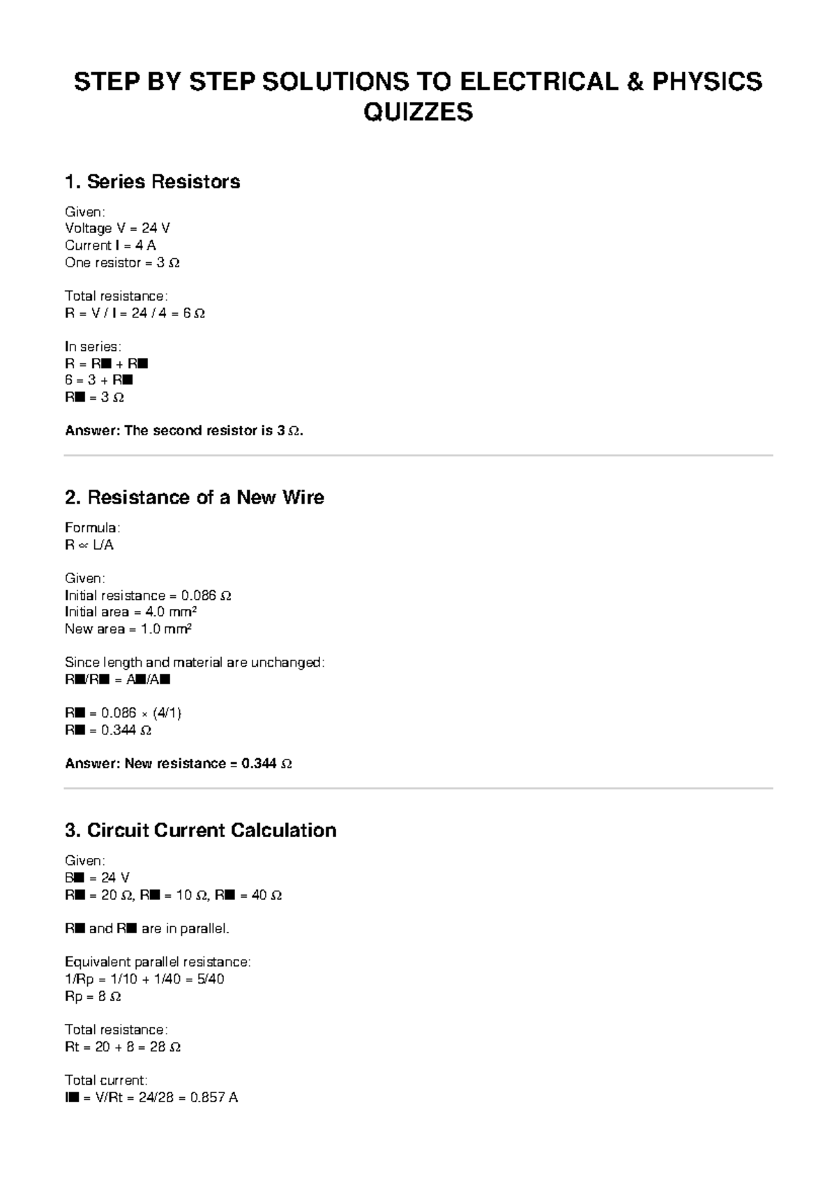 Electrical Physics Quiz Solutions: STEP 1-5 Resistor Calculations - Studocu