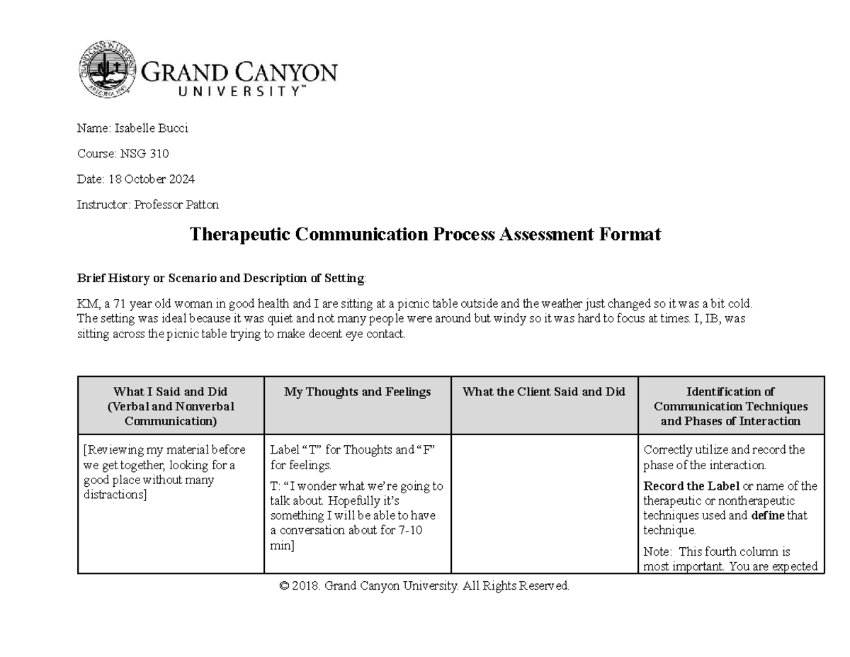 NSG 310: Therapeutic Communication Process Assessment Reflection - Studocu
