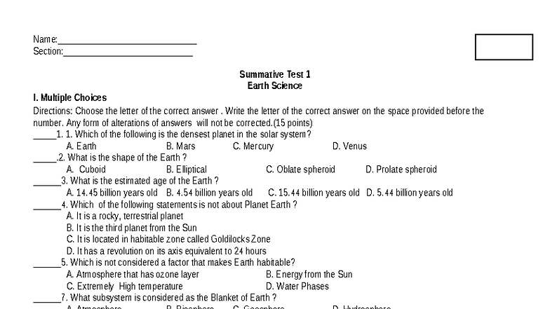 Summative Test 1: Earth Science I (ST1-Q1) Multiple Choice Questions ...