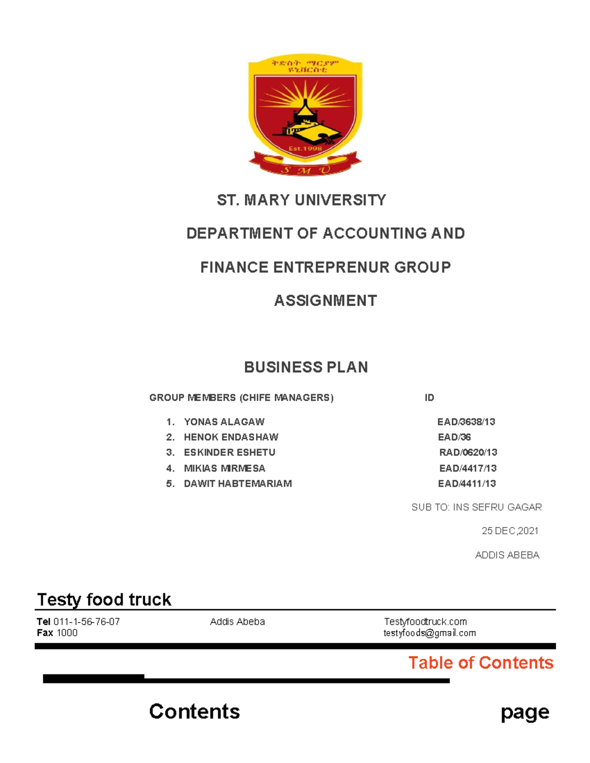 BP FOR Mobile FOOD Trauck - ST. MARY UNIVERSITY DEPARTMENT OF ...