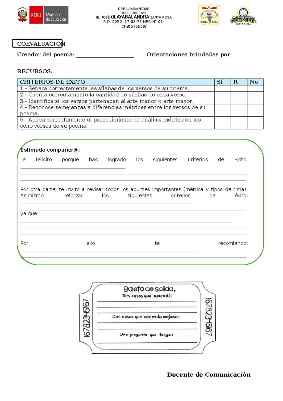 Recurso de Coevaluación: Análisis Métrico del Poema - DRE LAMBAYEQUE ...