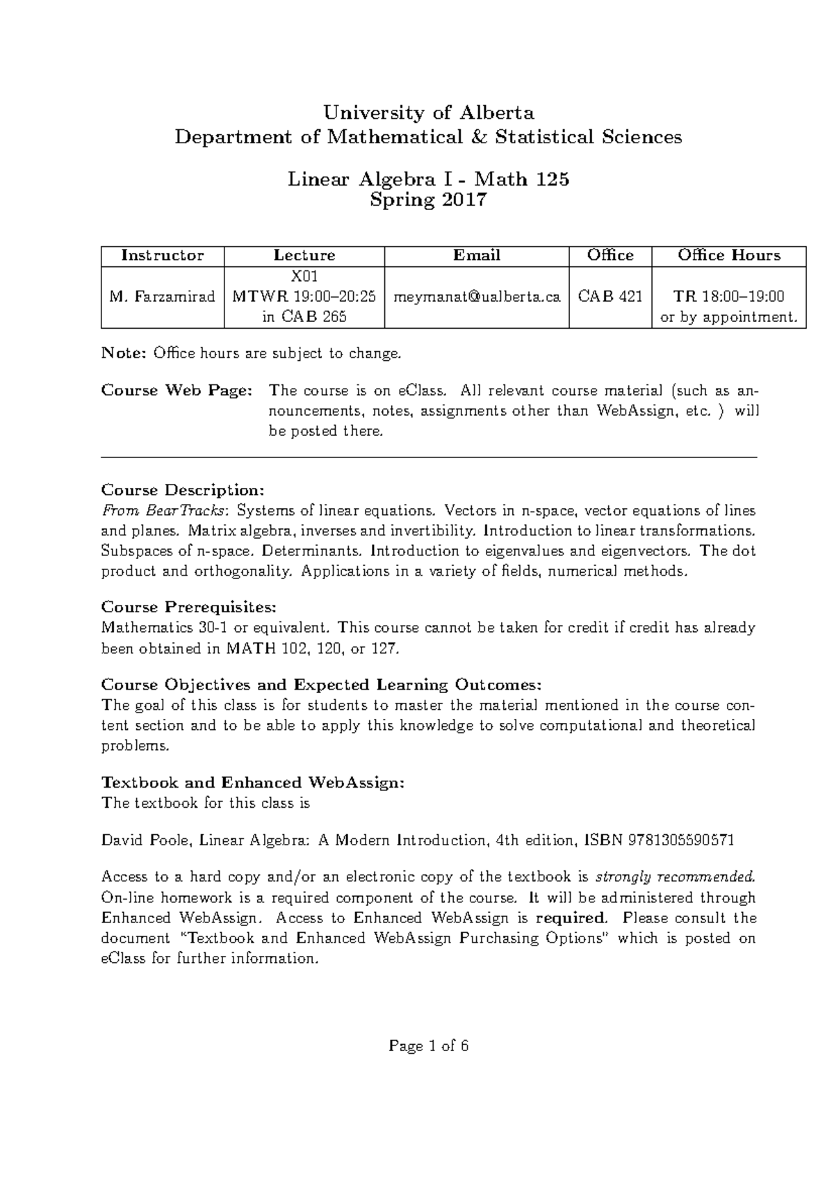2018-Spring-Math 125-XO1-Syllabus - University of Alberta Department of Mathematical & - Studocu