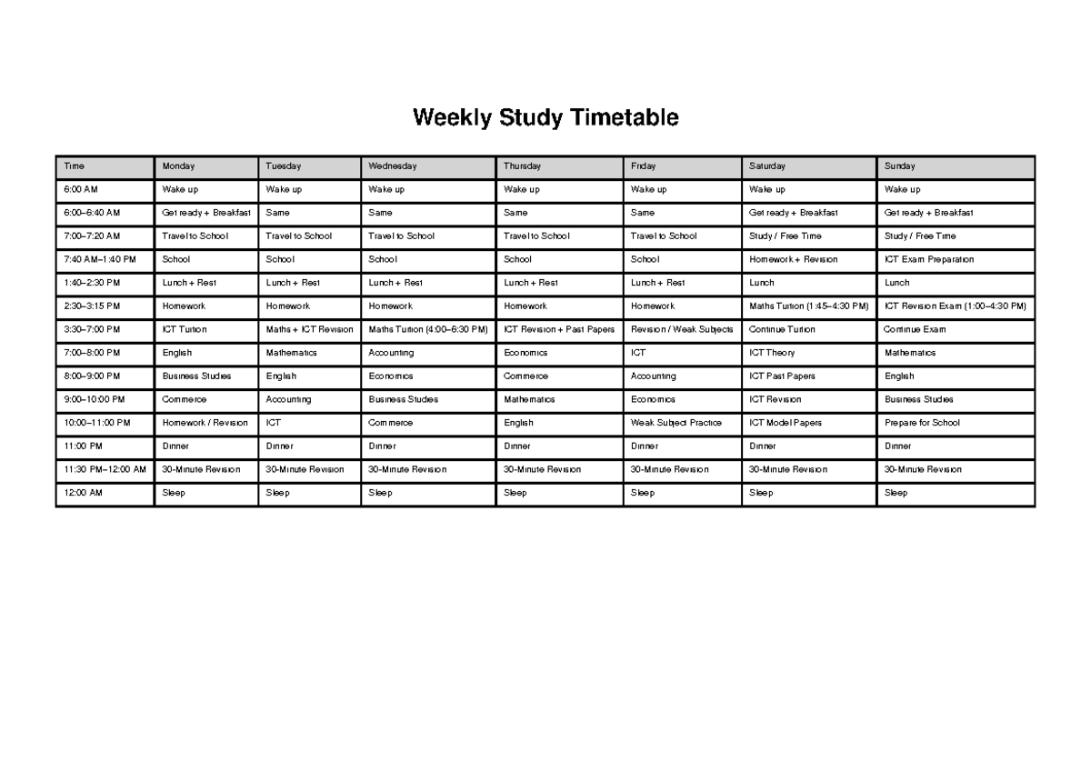 Weekly Study Timetable: Daily Schedule & Study Plan - Studocu