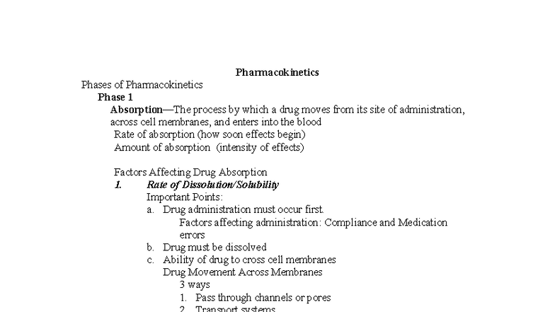 Pharmacokinetics: Key Phases and Influencing Factors in Drug Absorption - Studocu